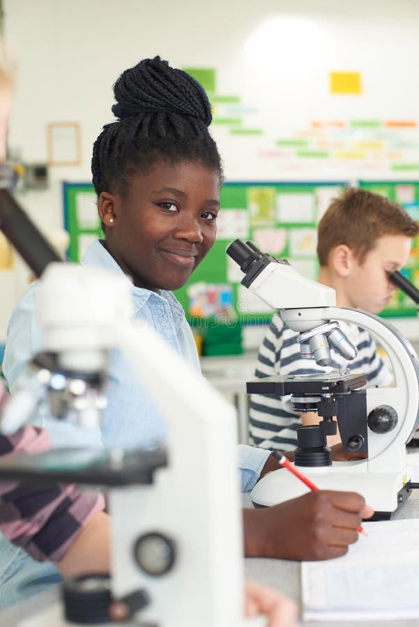 Group of Pupils Using Microscopes in Science Class Stock Image - Image ...