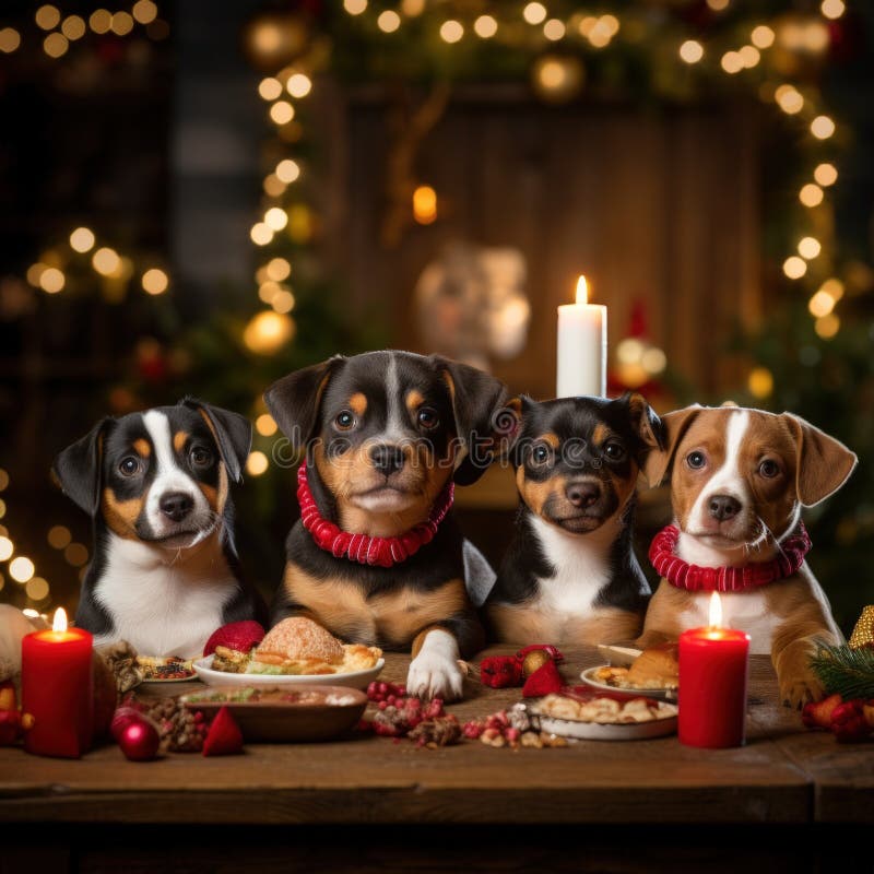 A Group Puppies of Different Breeds Sit Around a Table Decorated with ...