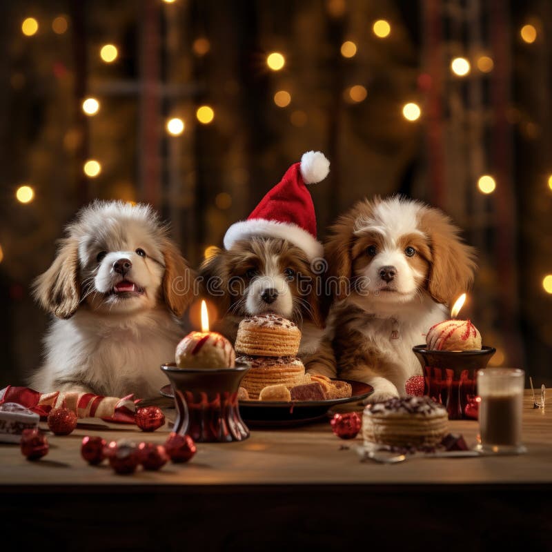 A Group Puppies of Different Breeds Sit Around a Table Decorated with ...