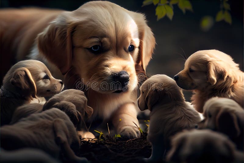 A Group of Puppies Huddled Together in a Pile of Grass and Dirt Stock ...