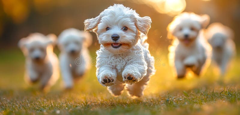 A Group of Puppies are Running in a Field Stock Photo - Image of grass ...