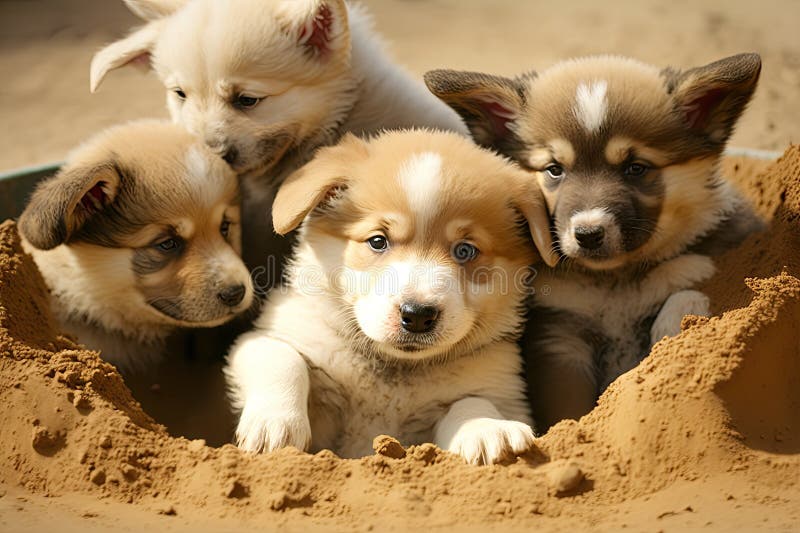 Group of Puppies in a Sandbox, Digging and Playing Together Stock ...