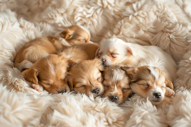 A Group of Puppies Sleeping on a Fluffy Blanket Stock Image - Image of ...