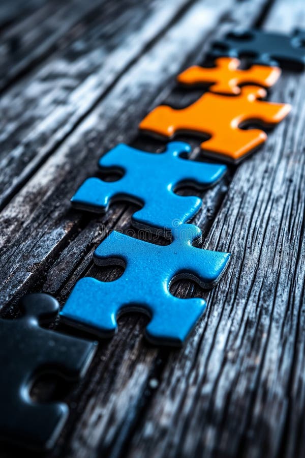 A Group of Puzzle Pieces Sitting on Top of a Wooden Table Stock ...