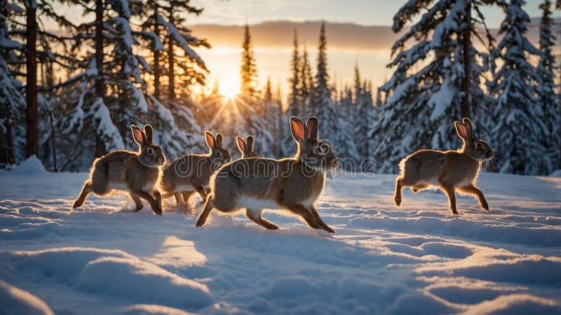 Golden Hour Rabbits Hopping in Snowy Forest Stock Illustration ...