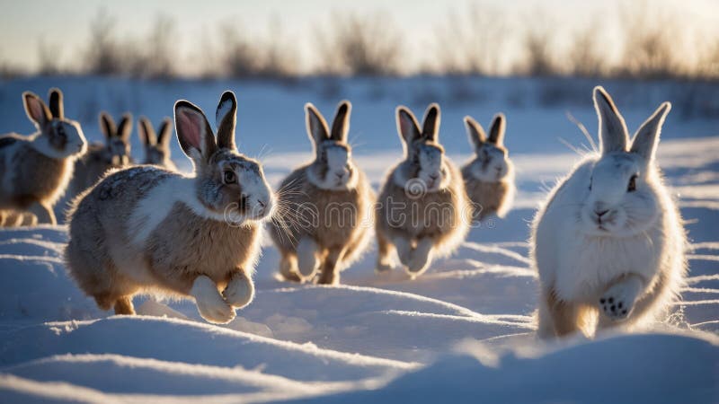 Group of Rabbits Hopping in Snowy Winter Landscape at Sunset Stock ...