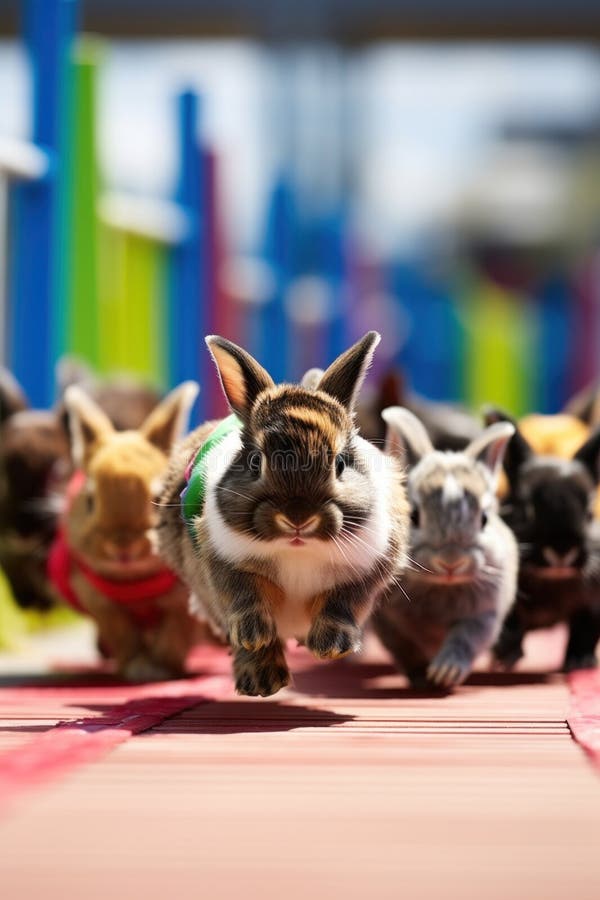 A Group of Rabbits Running Together on a Path with Colorful Stripes, AI ...