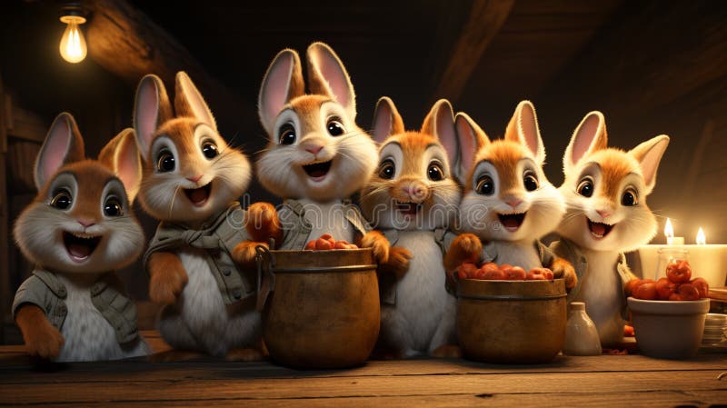 A Group of Rabbits Sit at a Table with a Chicken on it Stock ...