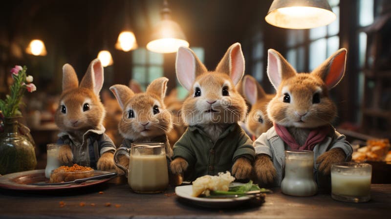 A Group of Rabbits Sit at a Table with a Chicken on it Stock ...