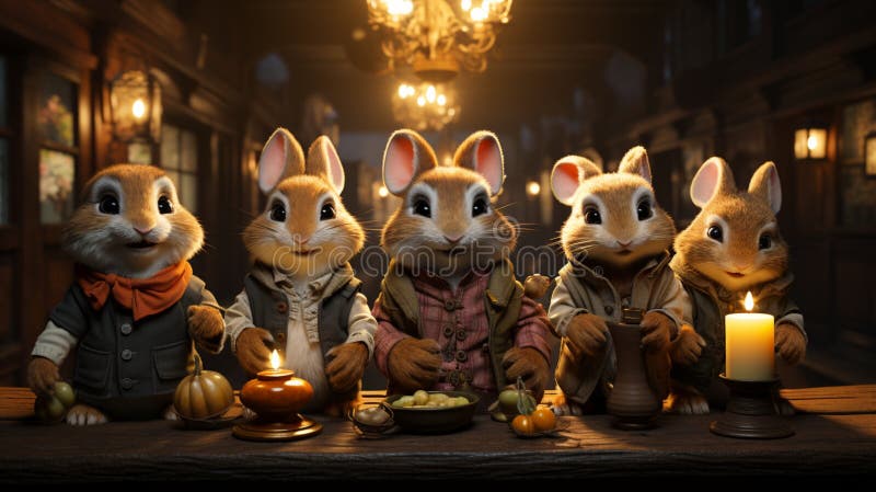 A Group of Rabbits Sit at a Table with a Turkey on it Stock ...