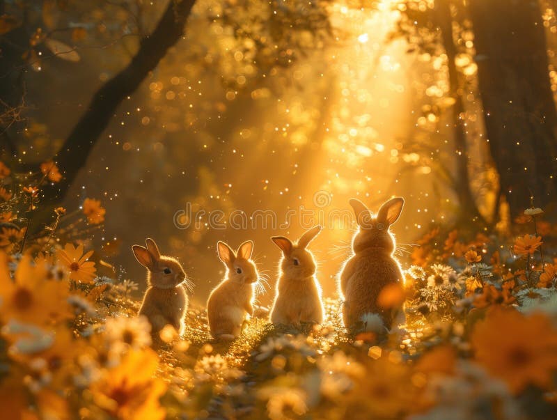 Group of Rabbits Sitting in Field of Flowers Stock Photo - Image of ...