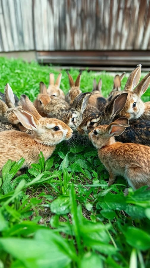 A Group of Rabbits Sitting in the Grass Next To a Fence Stock Image ...