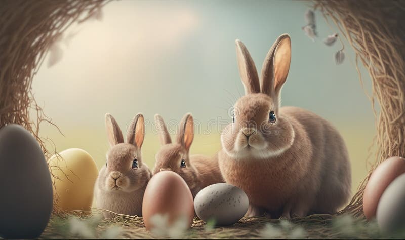 A Group of Rabbits Sitting Next To Each Other in Front of a Nest with ...