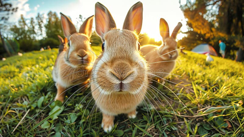 A Group of Rabbits Standing Closely Next To Each Other in a Field Stock ...