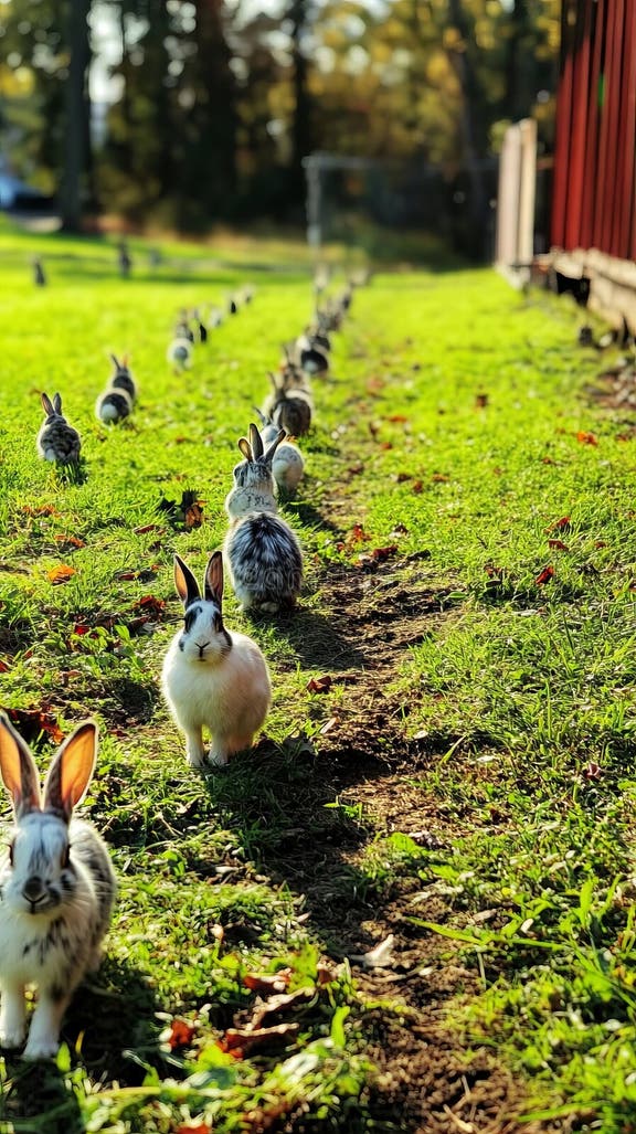 A Group of Rabbits Walking Down a Path in a Grassy Field Stock Photo ...
