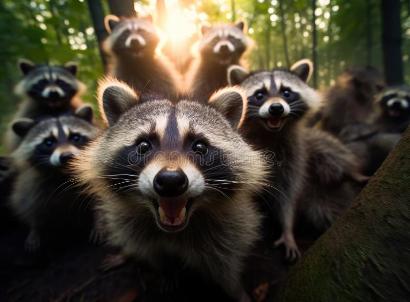 Group of Raccoons Eating Apples and Acorns, Cartoon Flat Vector ...