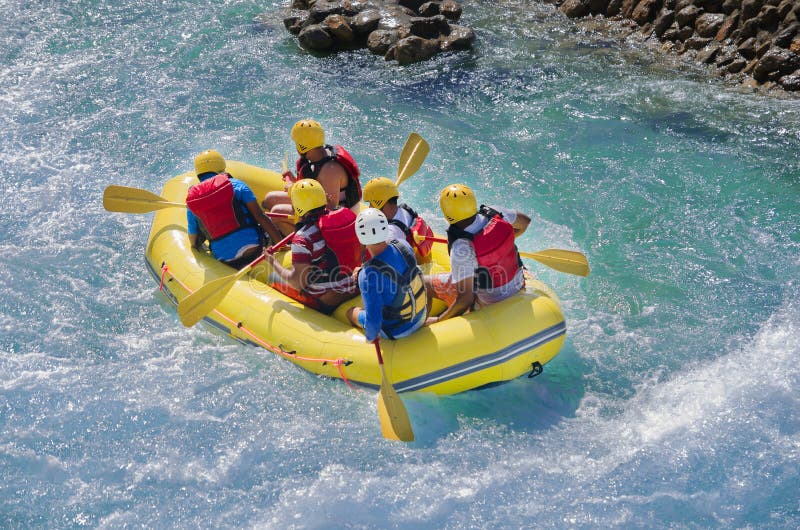 Rafting in the fast river stock image. Image of river - 119657437