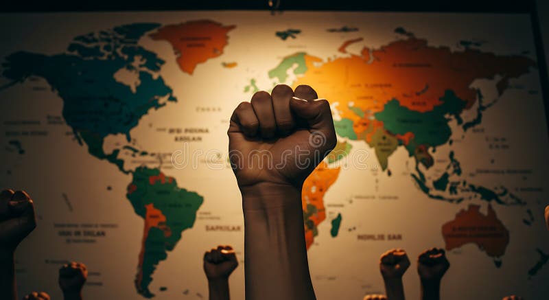 A Group of Raised Fists Silhouette Against a World Map, Symbolizing ...