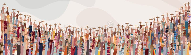 Group of Multicultural Christian People Hands Raised Holding a Wooden ...