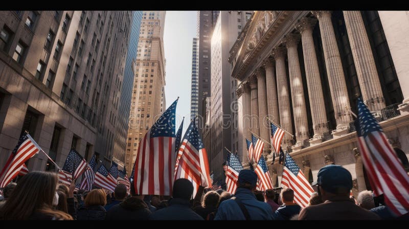 Group Raising American Flags in Front of Majestic Building, Display of ...