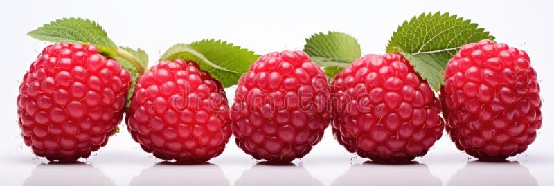 A Group of Raspberries with Leaves on a White Background Stock ...