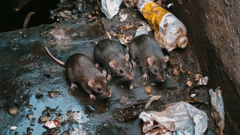 Group of Rats Foraging in a Trash-filled Basement, Exploring Their ...