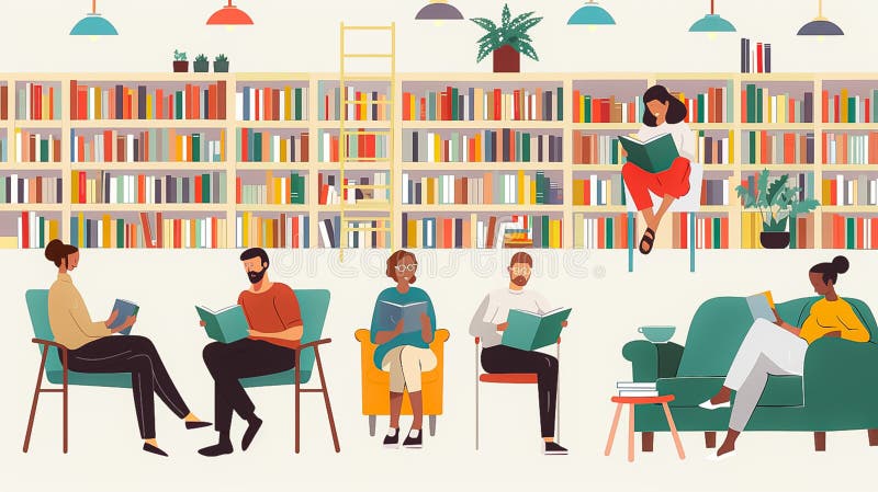 Group Reading at Library a Diverse Group of People Stock Illustration ...
