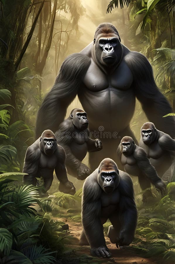 Silverback Leading Gorilla Troop - Realistic AI Art of Rainforest Social Behavior Stock ...