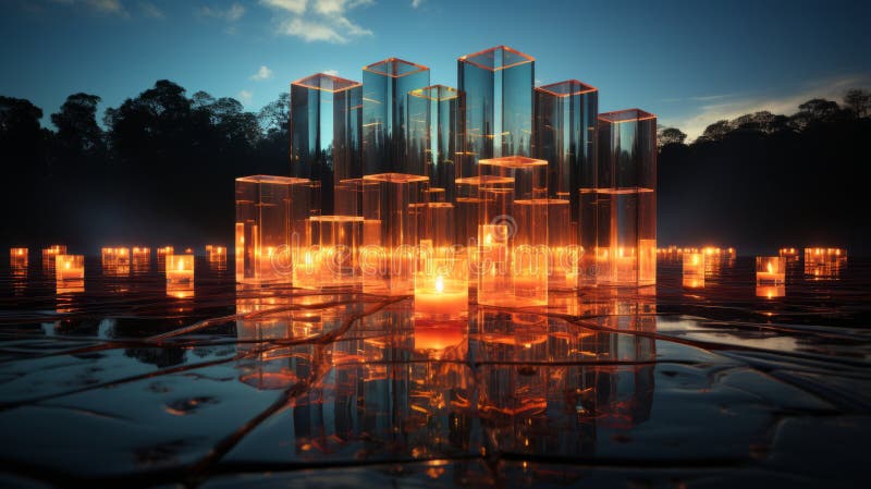 A Group of Rectangular Glass Objects with Lit Candles Stock ...