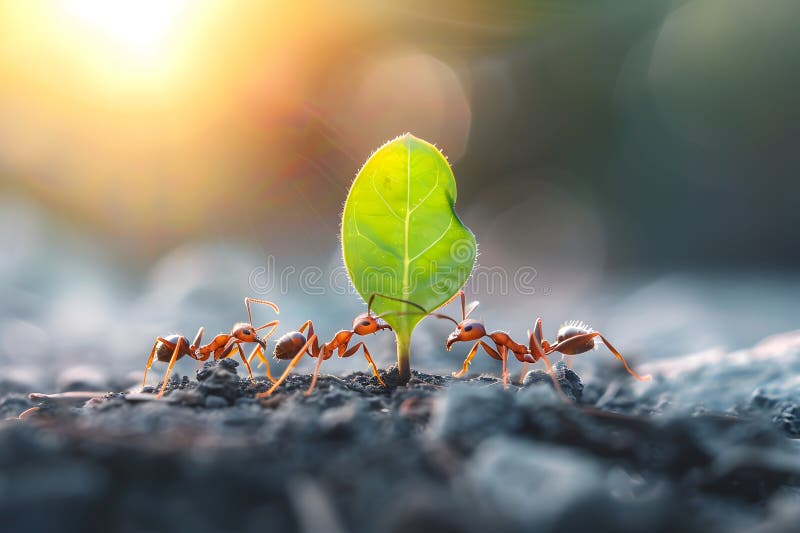 Group of Red Ants Carrying a Green Leaf, Teamwork and Cooperation ...