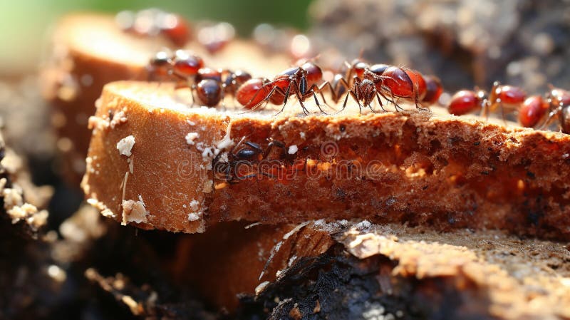 A Group of Red Ants Crawling on a Slice of Bread, Foraging for Food ...