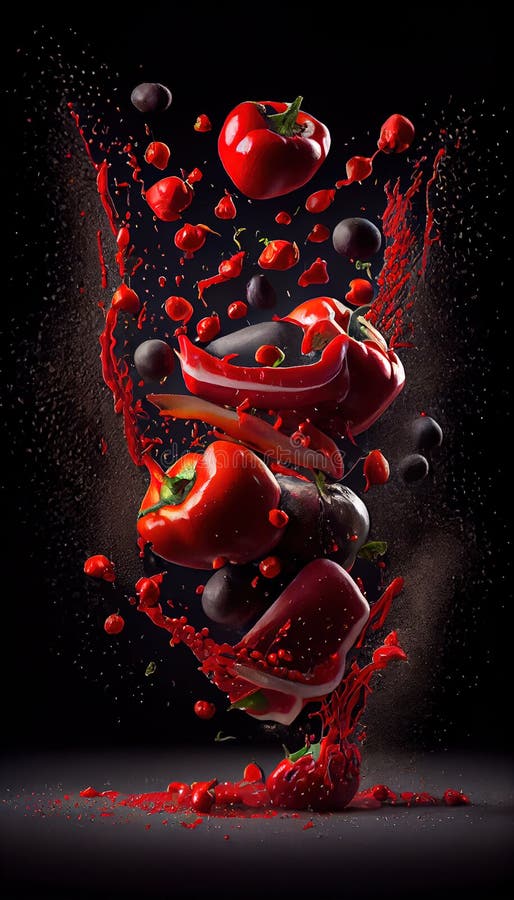 Group of Red Bell Peppers Vegetable Creatively Falling-Dripping Flying ...