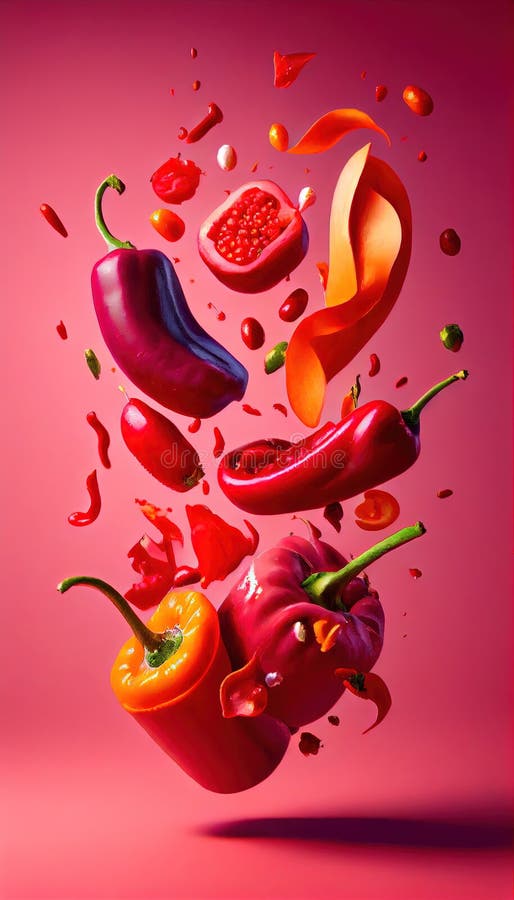 Group of Red Bell Peppers Vegetable Creatively Falling-Dripping Flying ...