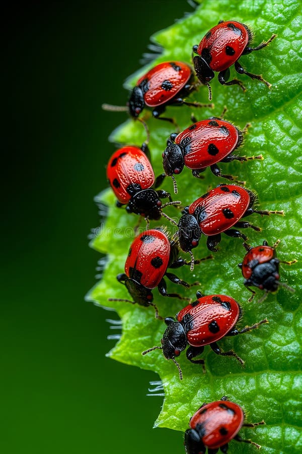 A Group of Red and Black Bugs on a Green Leaf Stock Photo - Image of ...