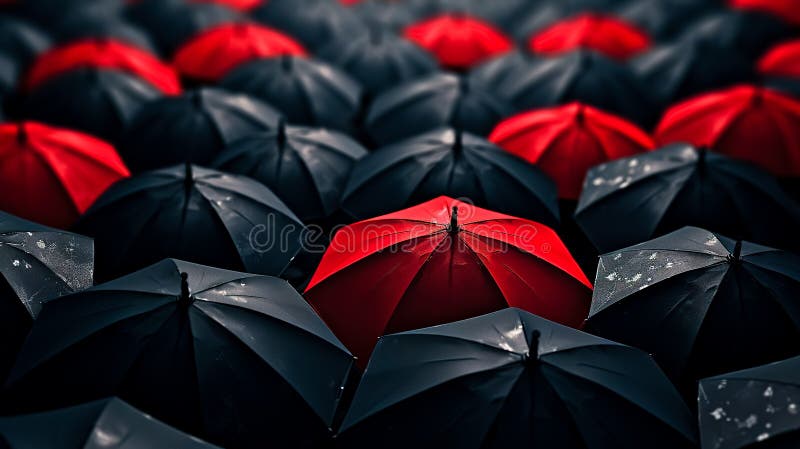 Group of Red and Black Umbrellas Sitting in Crowd of Black and White ...