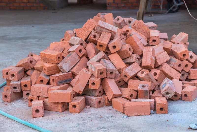 Group of Red Bricks Inside Building with Construction Unfinished Stock ...