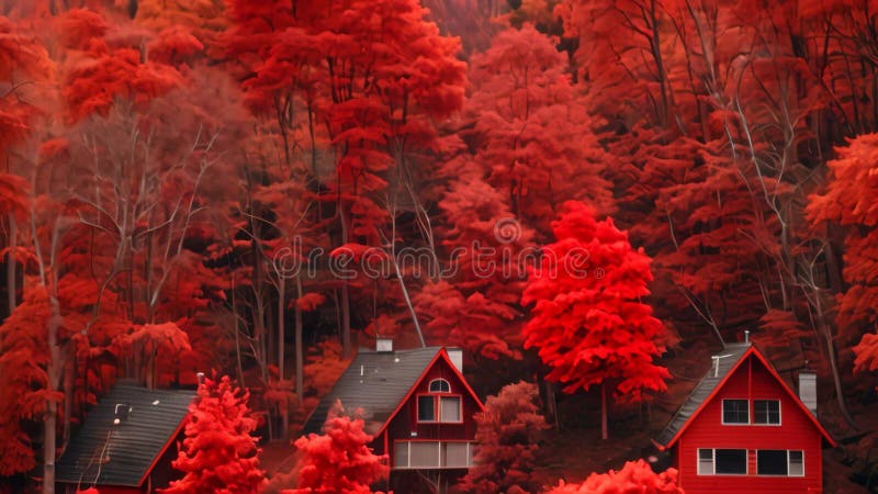 A Group of Red Cabins Nestled in a Vibrant Forest Setting, Cozy Cabins ...