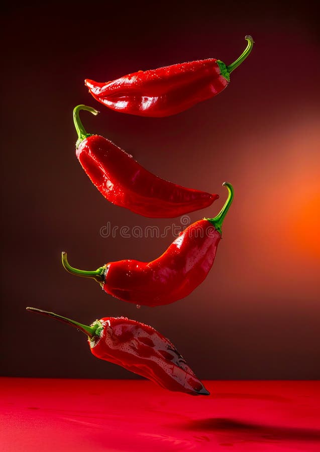 A Group of Red Chili Peppers Flying in the Air Stock Photo - Image of ...