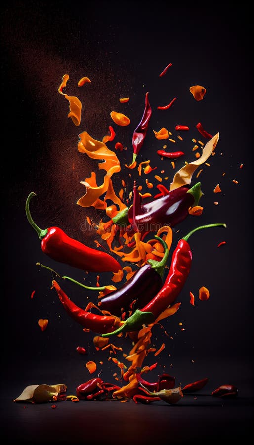 Group of Red Chillie Peppers Vegetable Creatively Falling-Dripping ...