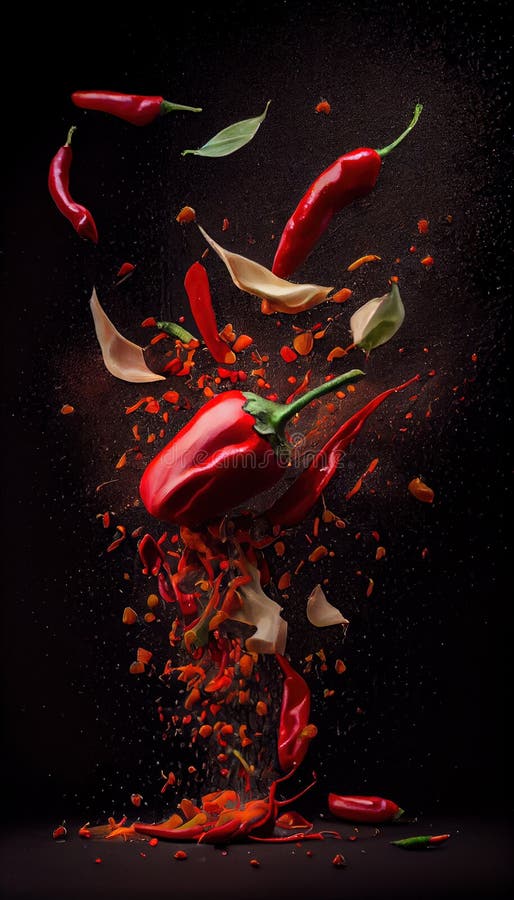 Group of Red Chillies Vegetable Creatively Falling-Dripping Flying or ...