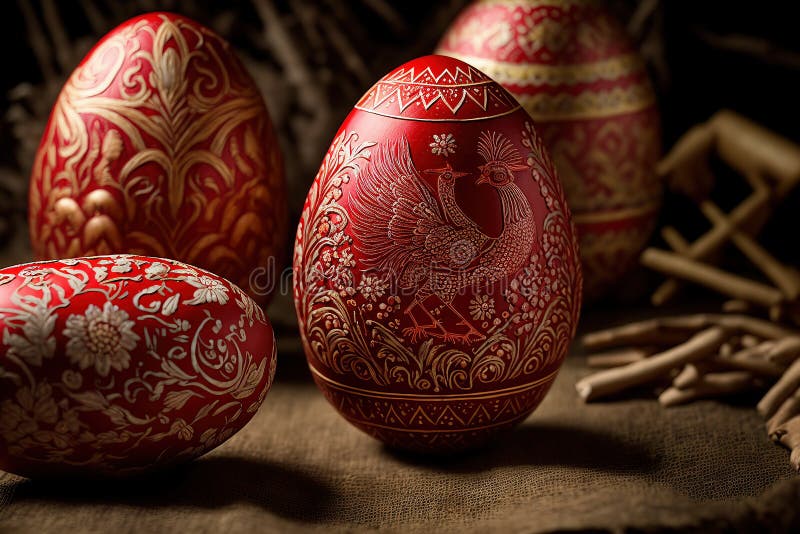 A Group of Red Decorated Russian Easter Eggs. Stock Illustration ...