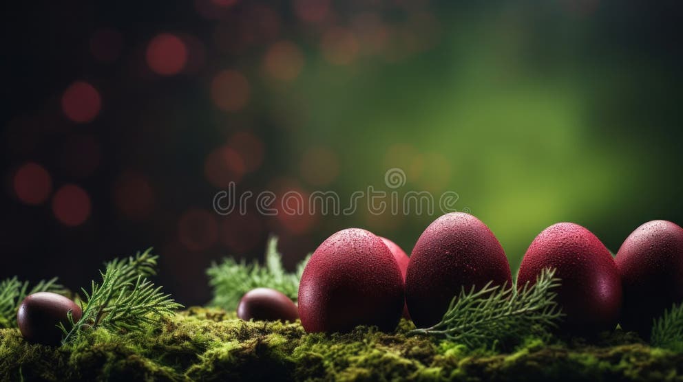 A Group of Red Maroon Eggs on a Moss Covered Table with Green Branches ...