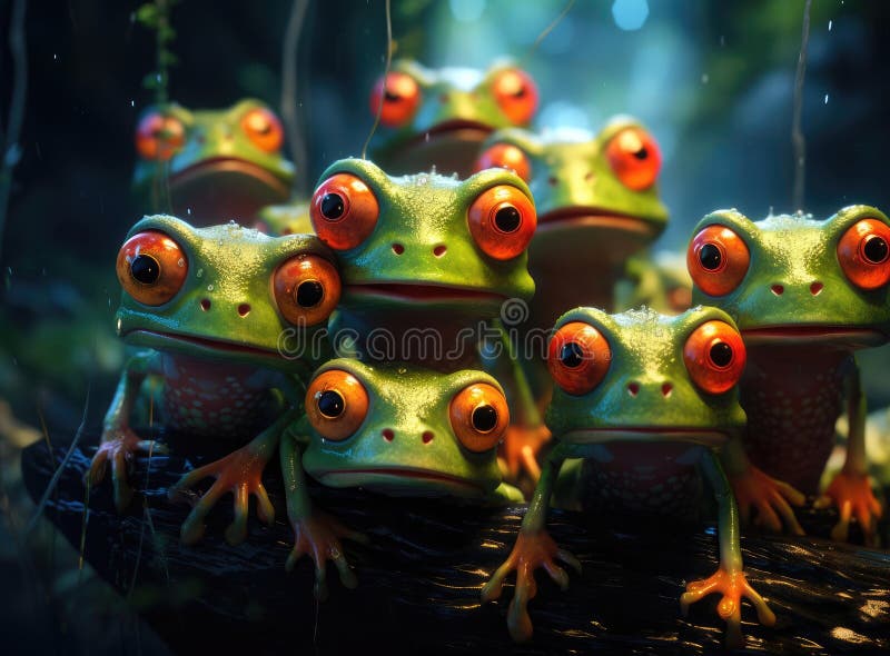 A group of red-eyed frogs stock photo. Image of leaves - 290017520