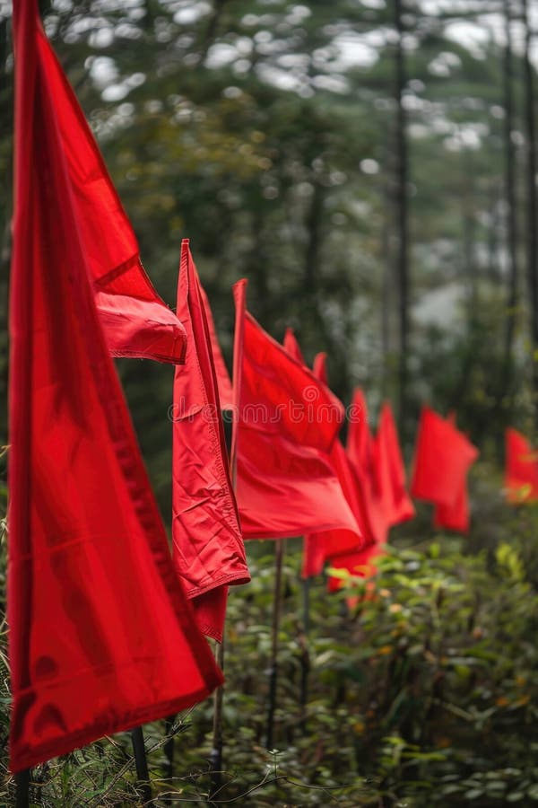 A Group of Red Flags Situated in the Midst of a Dense Forest, Possibly ...