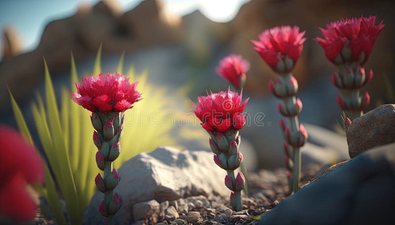 A Group of Red Flowers Sitting on Top of a Rocky Hillside Stock ...