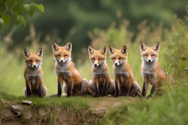 Group of Red Foxes (Vulpes Vulpes) in the Forest. Generative AI Stock Illustration ...