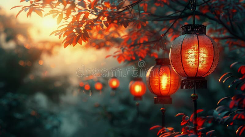 Group of Red Lanterns Hanging from a Tree Stock Image - Image of ...