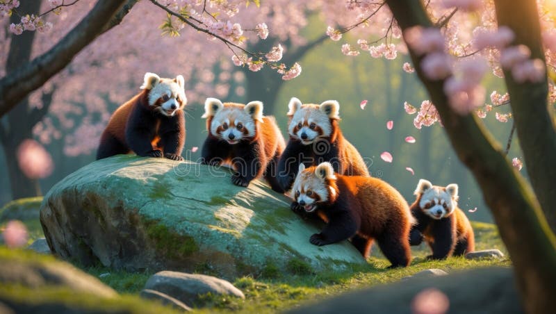 Adorable Red Pandas Playing Amidst Cherry Blossoms Stock Illustration ...
