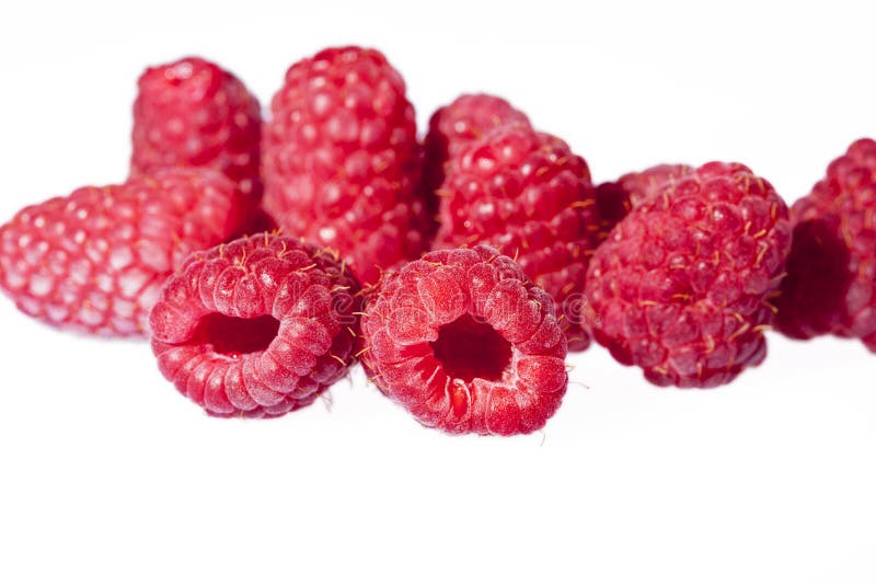 Group of Red Raspberries Isolated on White Background Stock Photo ...