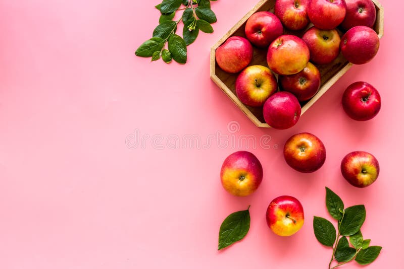 Group of Red Ripe Apples with Green Leaves. Top View Stock Image ...